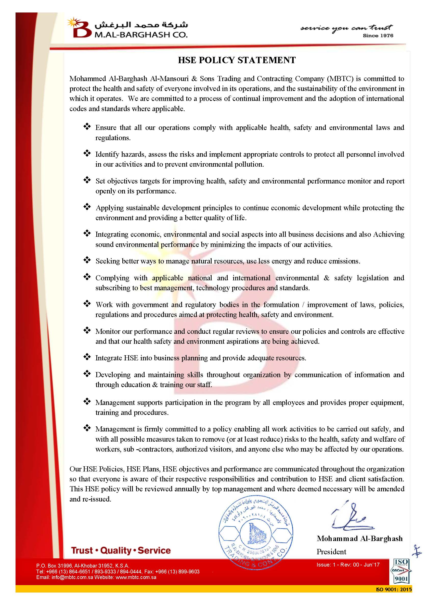 M-AL Barghash Company.Ltd - HSE policy